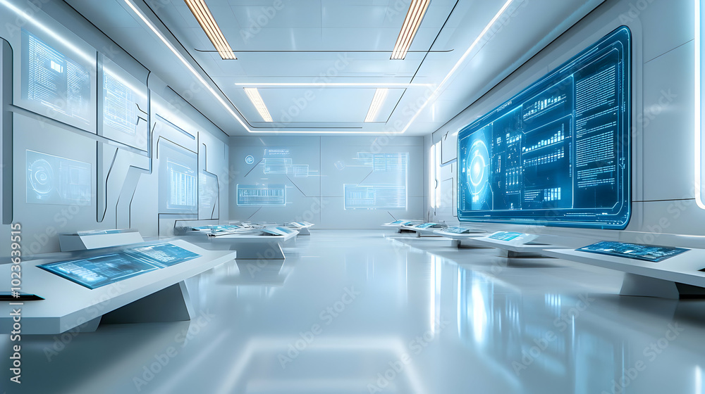 3D Futuristic Classroom Concept with Interactive Surfaces and High-Tech ...