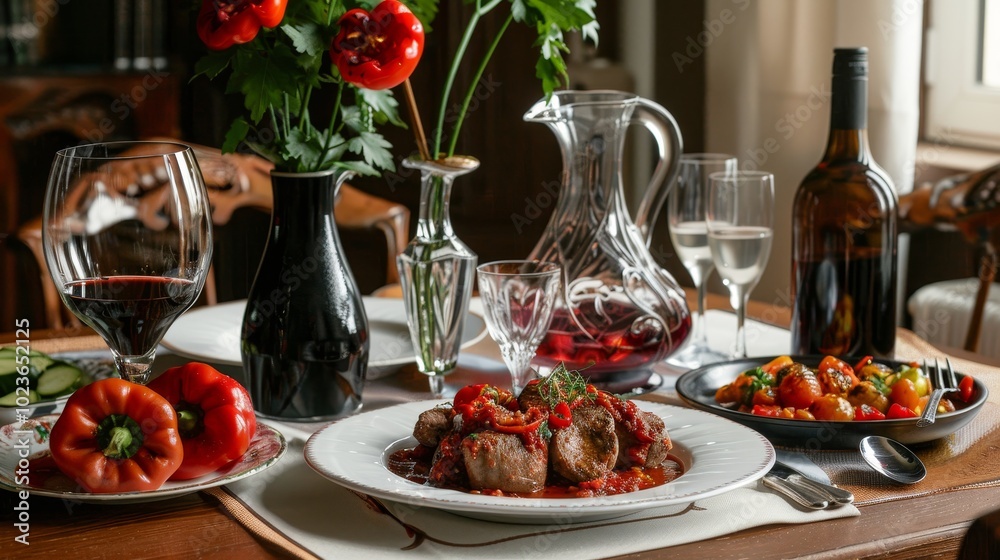 Delicious Hungarian Feast Goulash Stuffed Peppers and Tokaji Wine on a ...