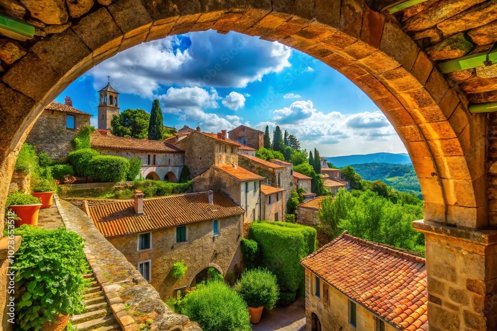 Ancient stone arches and rustic terracotta rooftops stretch towards a ...