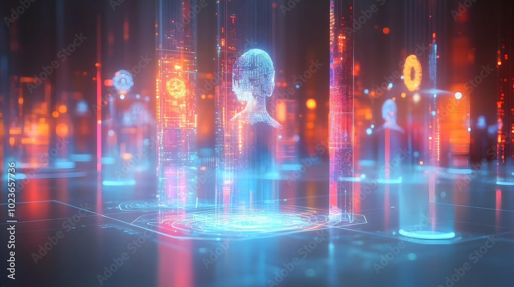 3D Floating AI Holographic Assistant Concept with Glowing Growth Icons ...