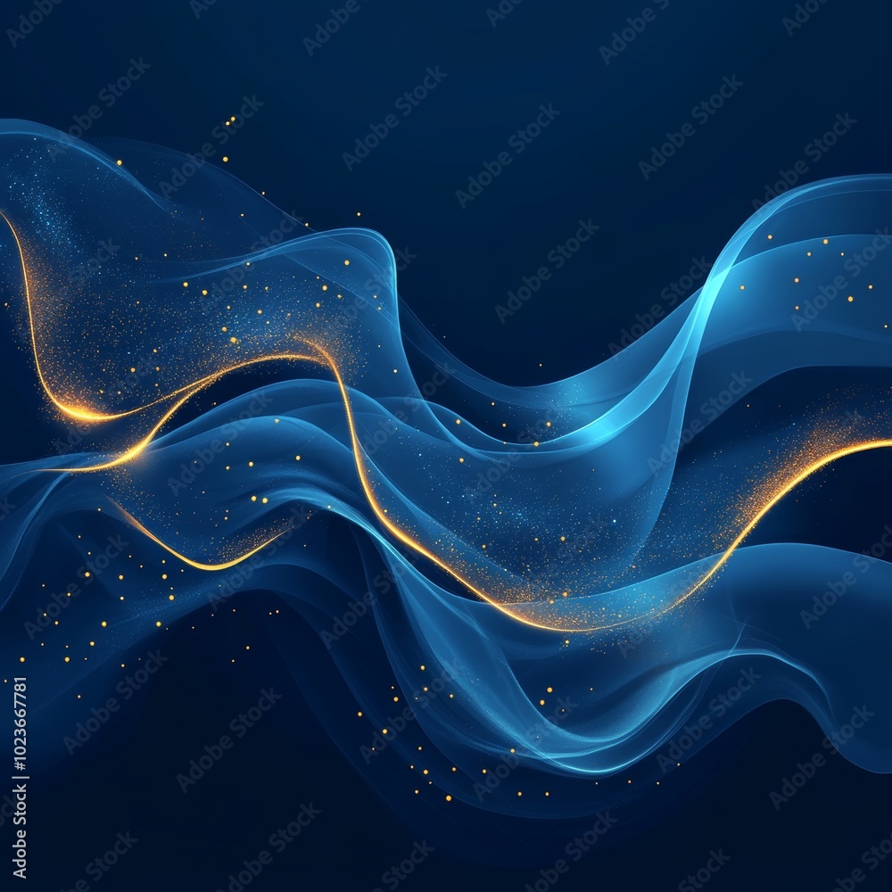 Abstract Blue Flowing Lines with Golden Glimmering Particles on Dark ...