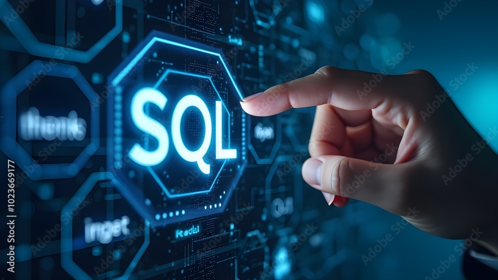 businessman hand touching fingure on SQL, Structured Query Language. Technology concept. Icon ...