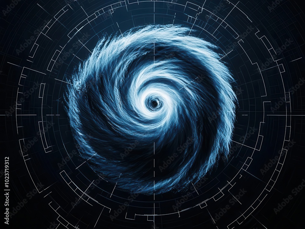 Top-down view of a hurricane swirling over coastal waters with arrows ...