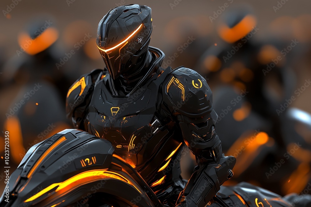 A majestic army of futuristic knights in glowing armor, mounted on ...