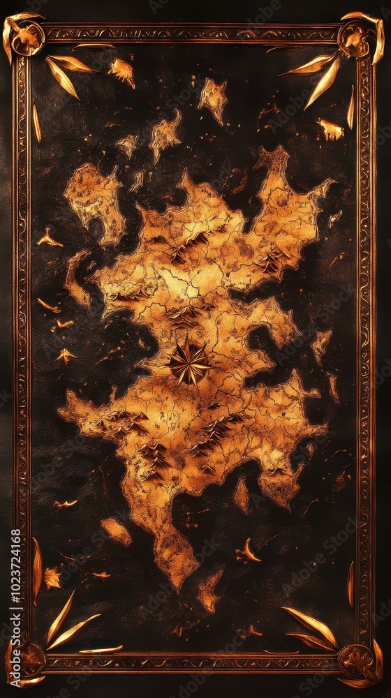 Ancient map design with ornate borders, depicting a vintage world, rich ...