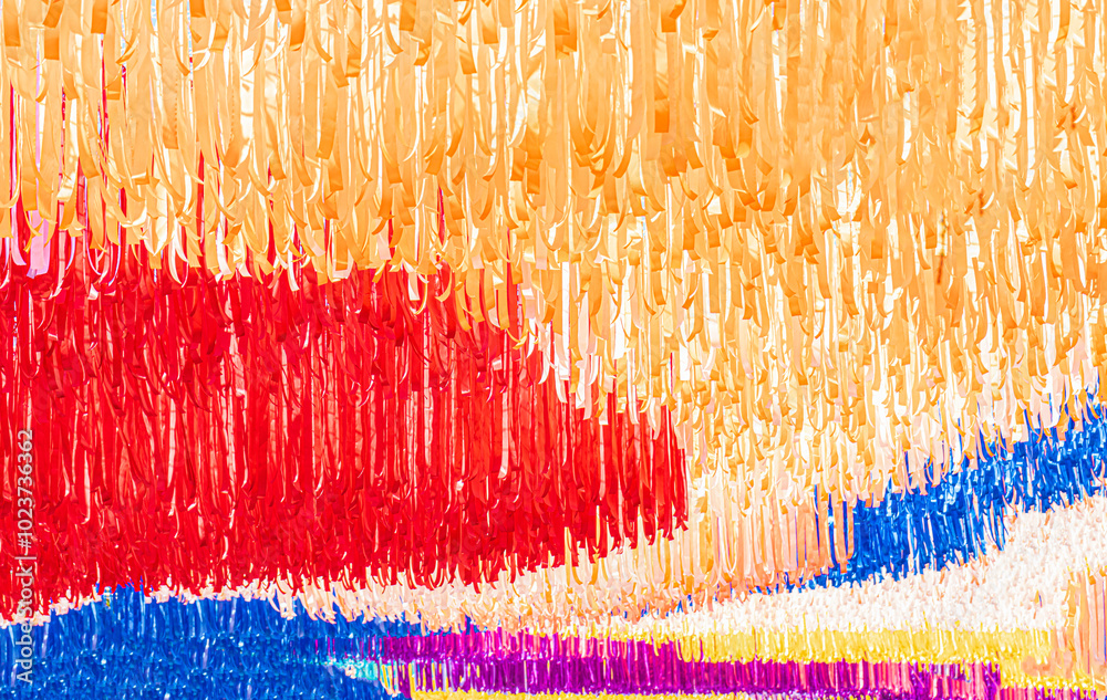 Colorful Overhead Installation of Yellow, Red, and Blue Ribbons 素材庫相片 ...