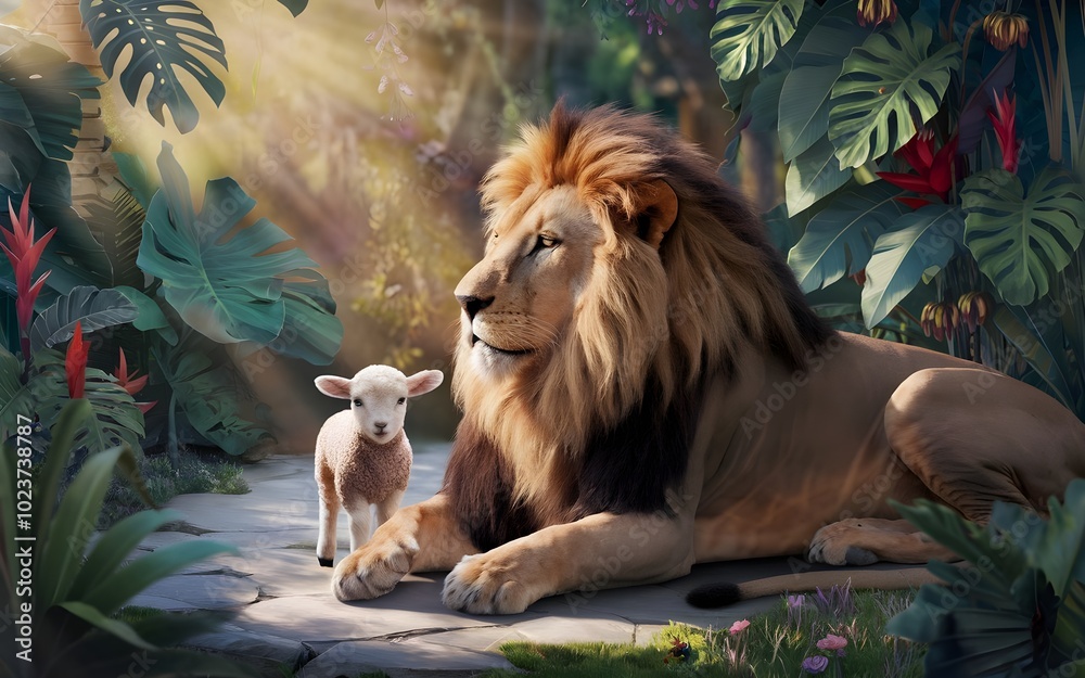 Symbol of Peace Majestic Lion and Gentle Lamb in a Thriving Garden ...
