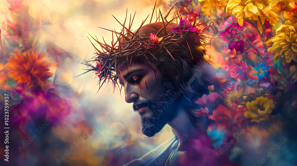Jesus Christ bowing his head while wearing a crown of thorns ...