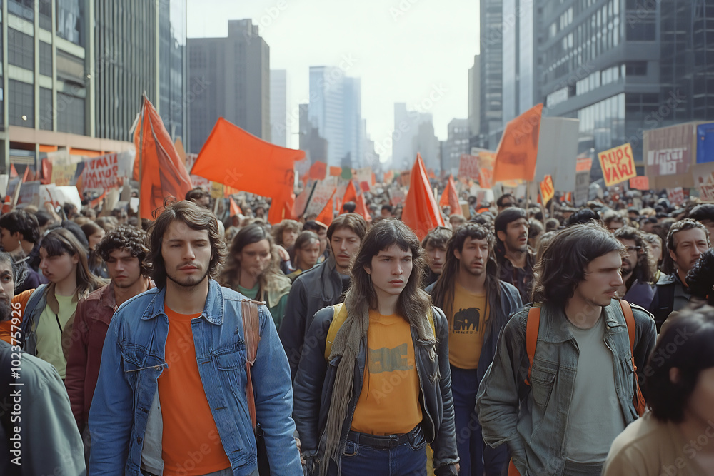 Historic march with vibrant orange flags in an urban setting during the ...