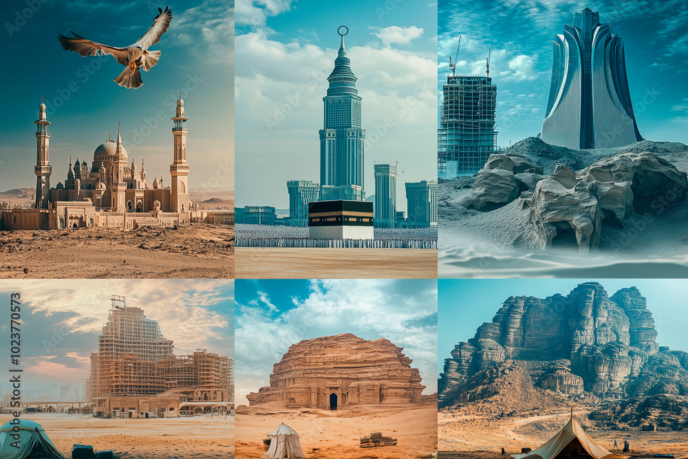 collage of Saudi Arabia: Tradition and progress, The Kaaba in Mecca, a ...
