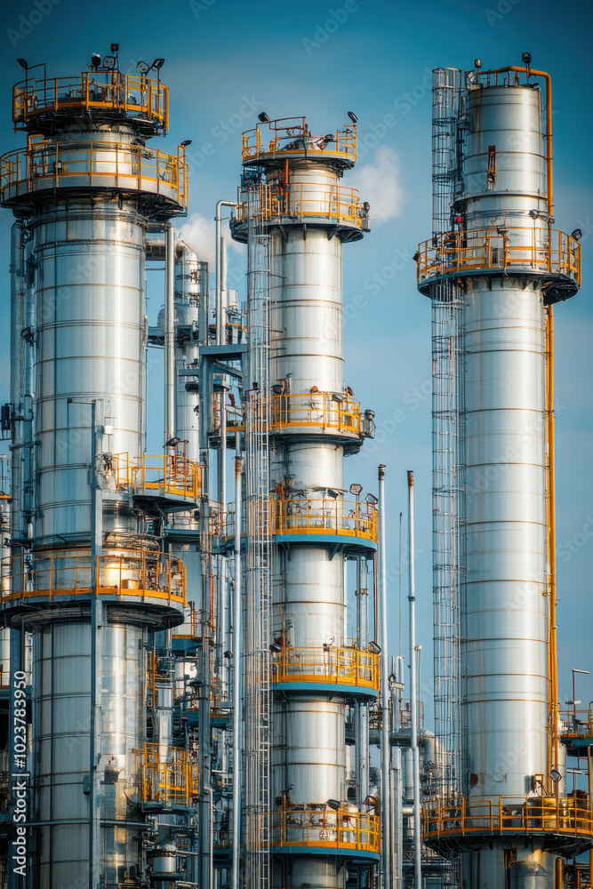 Industrial towers reaching for a bright blue sky over a modern chemical ...