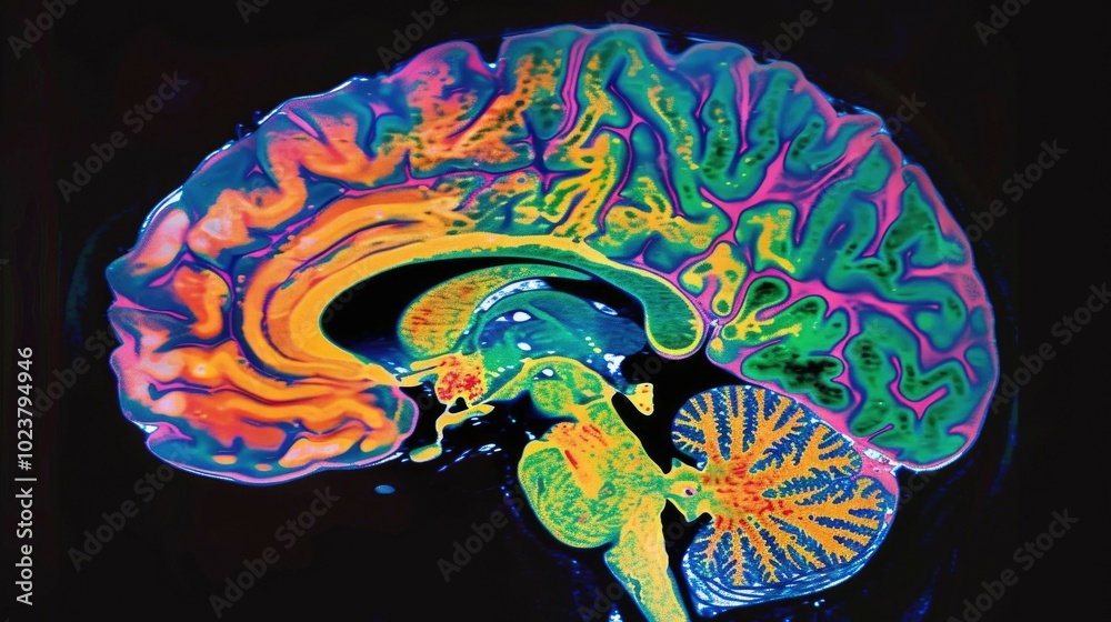 Foto de Stock A vibrant MRI brain scan image showing a detailed cross ...