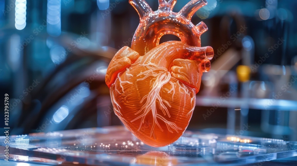 A detailed close-up of a 3D-printed human heart model being created ...