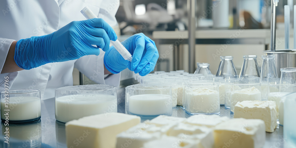Food scientist hands in blue gloves testing milk samples of dairy ...