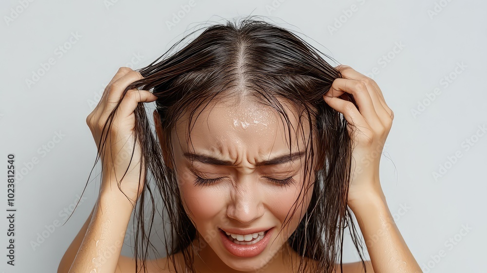 Isolated conceptual image of a young woman crying in pain while pulling ...