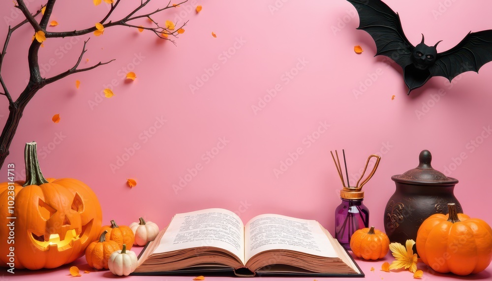 Halloween magic book and other stuff on Solid rose pink color ...