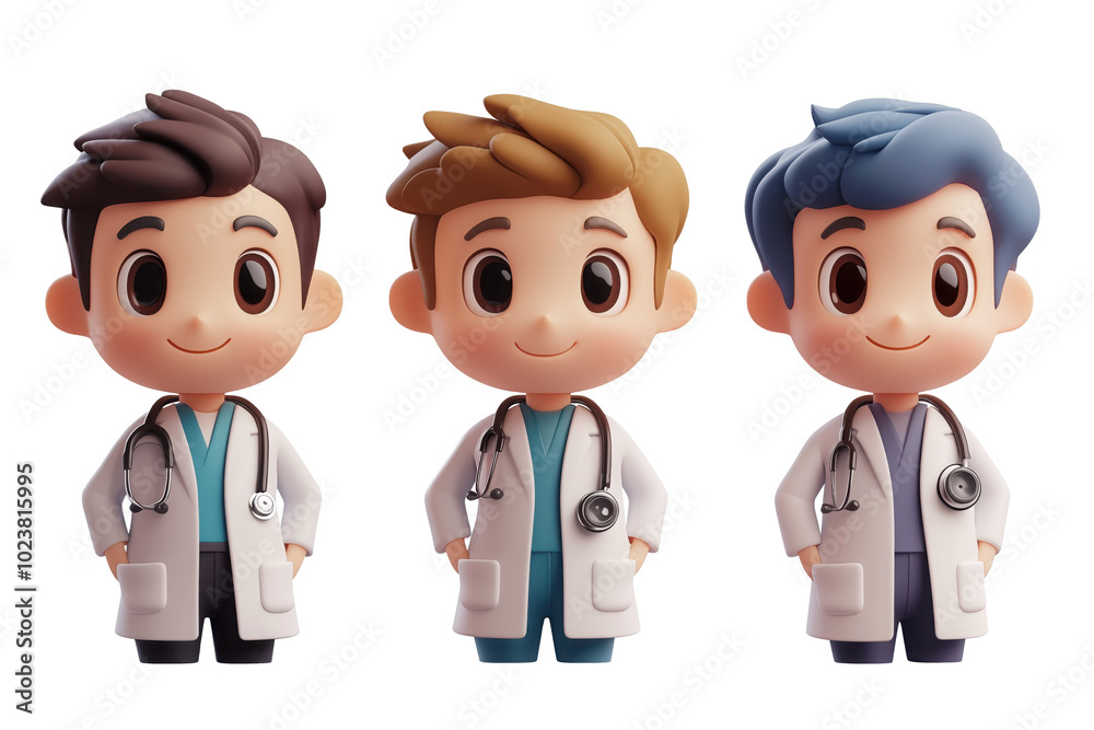 3d cartoon avatars of a doctor. Cute male medic in white coat with ...