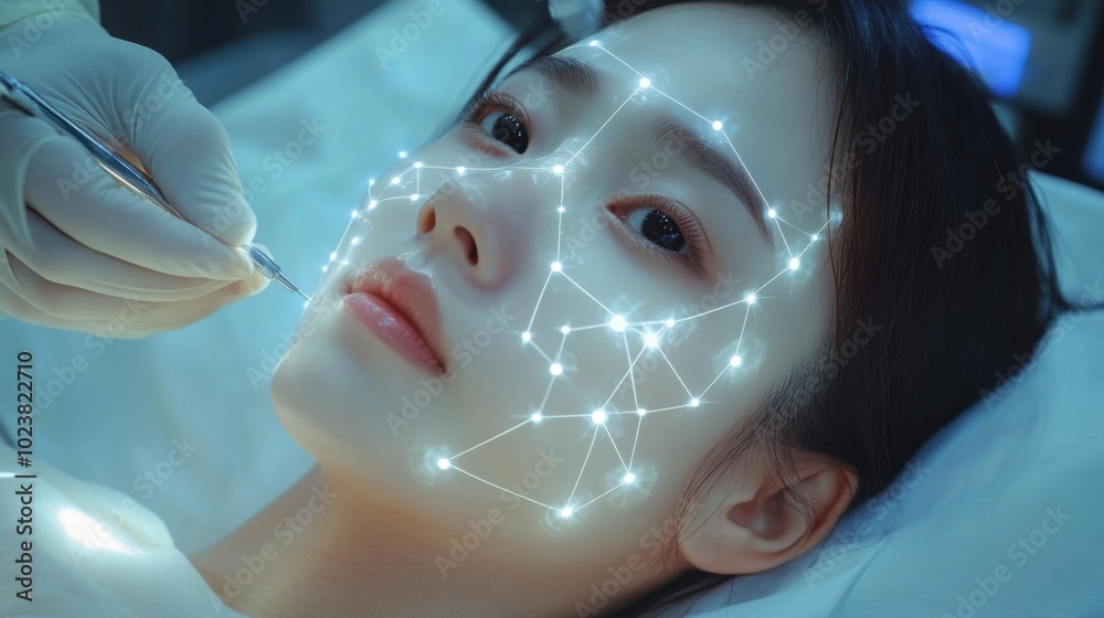 Asian Woman Undergoing Advanced Facial Mapping with Illuminated Grid ...