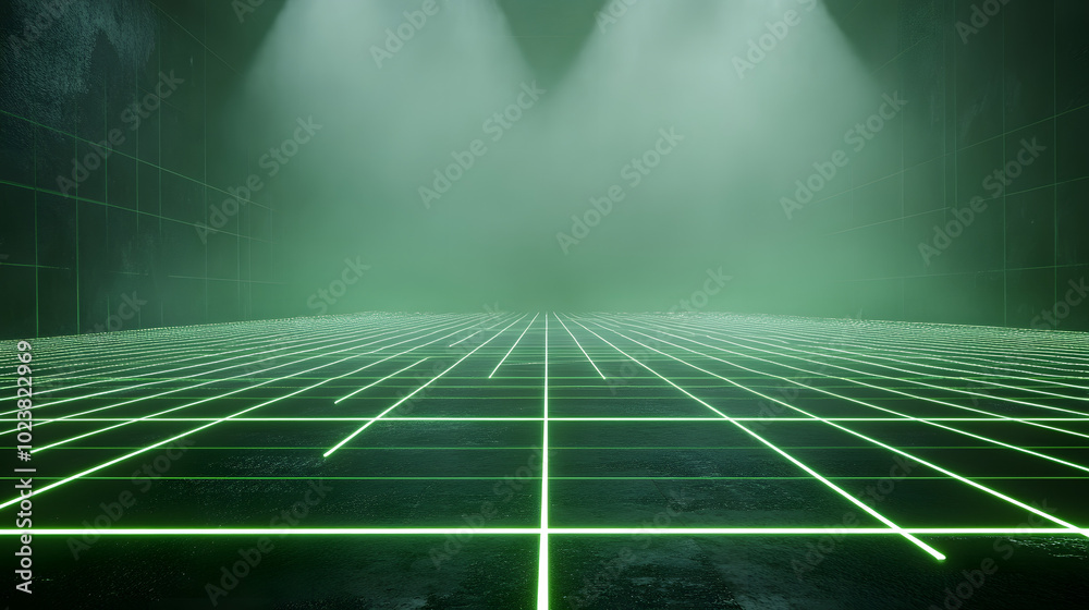Bright green laser beams forming a grid pattern on a dark, foggy ...