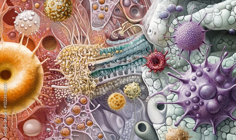 A detailed medical illustration showcasing various types of cells ...