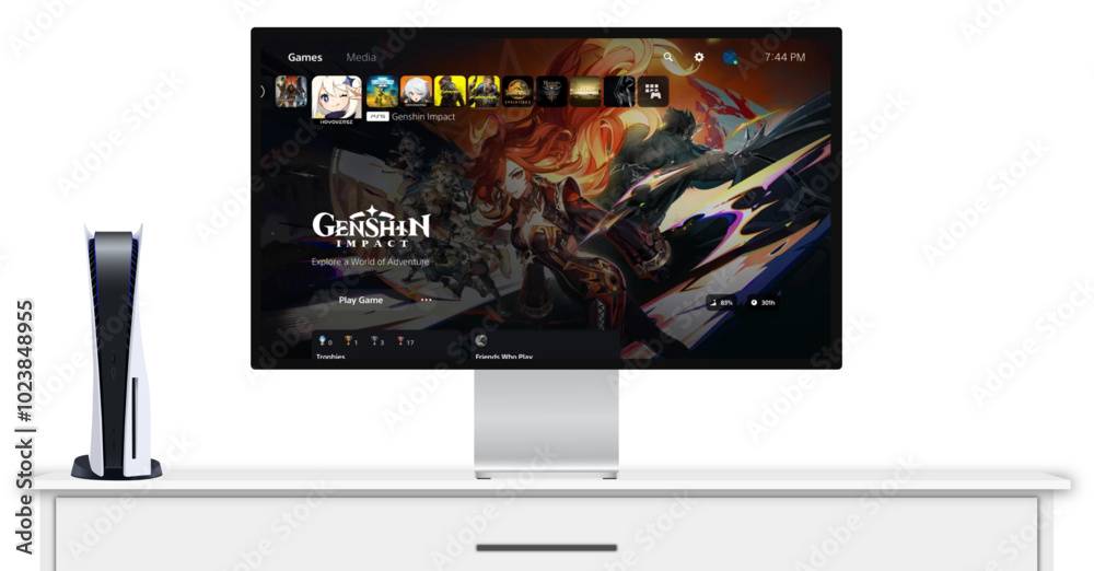 Sony PlayStation 5 with Genshin Impact game app on the gaming monitor ...