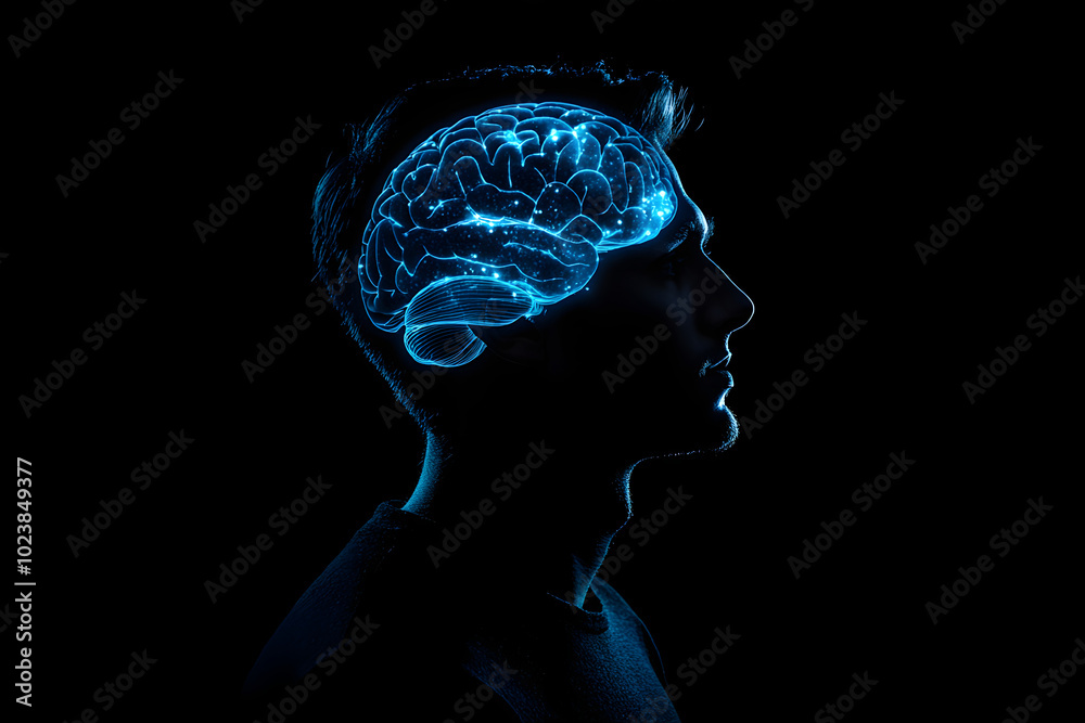 Foto de Stock Head silhouette with brain linear illustration. Diseases ...