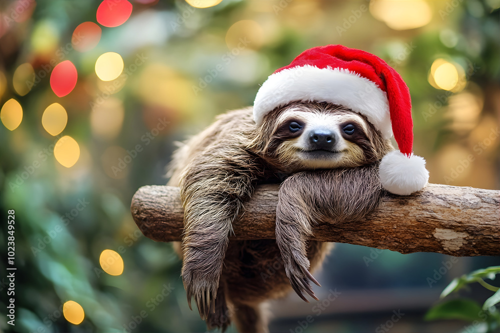 Zdjęcie bez tantiem: Cute sloth wearing santa hat. Christmas and Happy ...