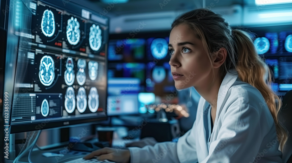 A focused female neuroscientist with glasses is carefully analyzing ...