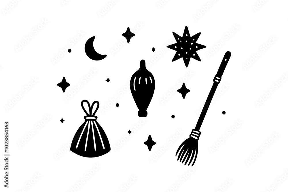 Vector set of hand drawn magic items flying broom and stars. Occult ...