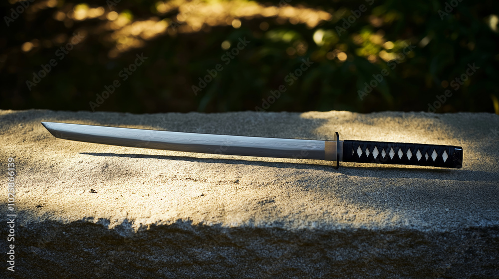 Traditional japanese katana sword with a black and white hilt is lying ...