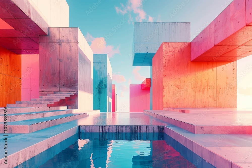 Abstract Bauhaus architecture, minimalist fantasy, pinks, oranges ...