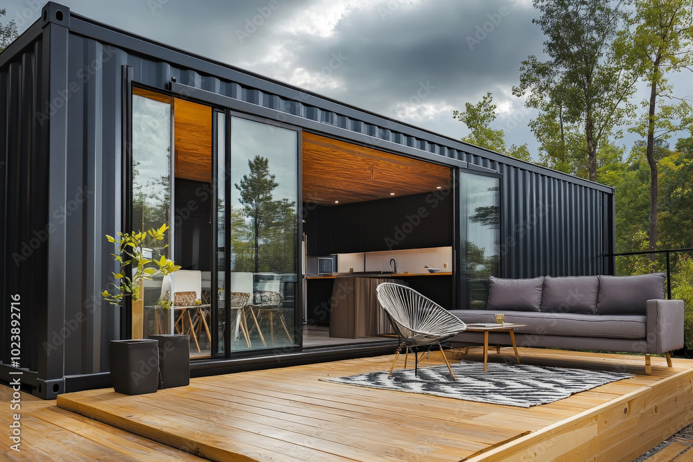 Sleek modern black shipping container home with a spacious open-concept ...