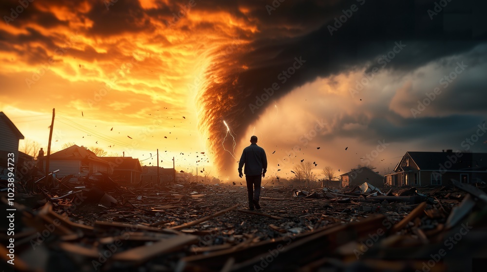 Tornado ripping through a small town, with debris swirling, dark stormy ...
