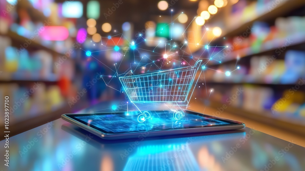 Online commerce sale concept with tablet and network connection on ...