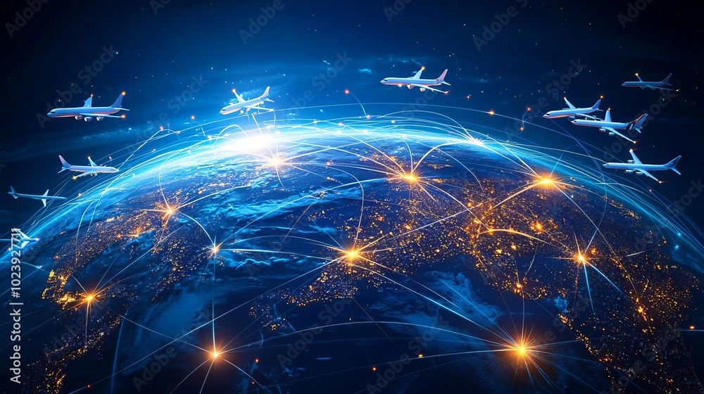 International Civil Aviation Day Abstract globe with glowing flight ...