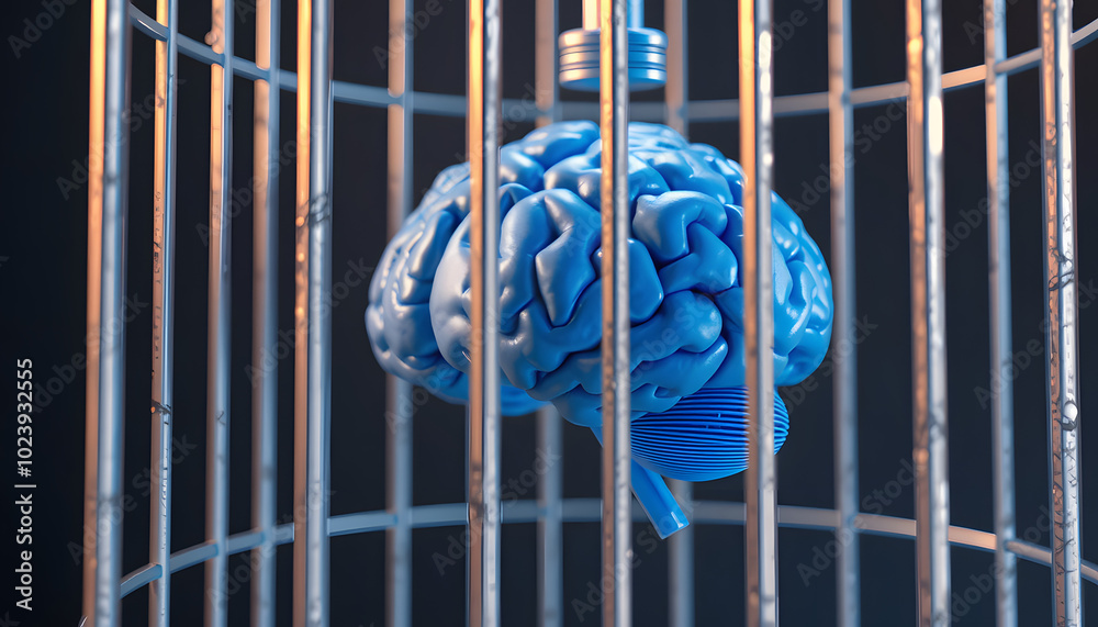 Blue human brain isolated in silver white metall bird cage prison no ...