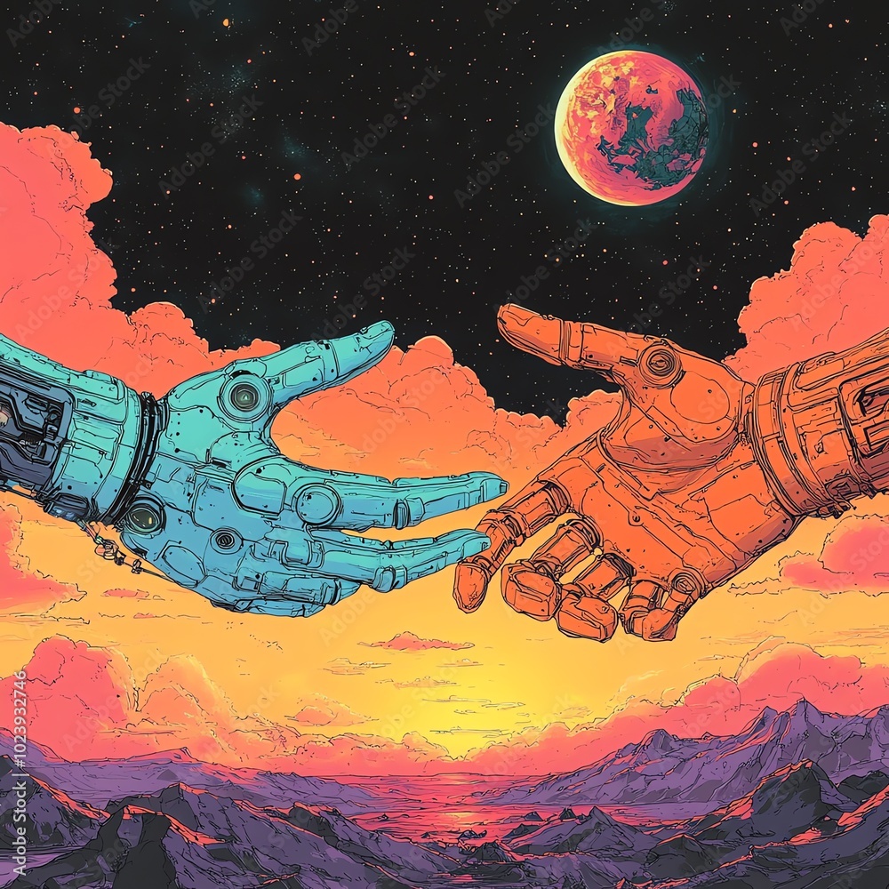 hands shake from different planets, two robot hands reaching out ...