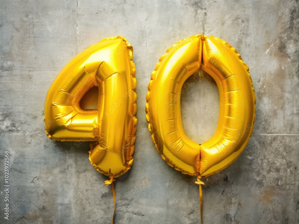 Bright yellow foil number 40 balloon on a concrete backdrop, ideal for ...