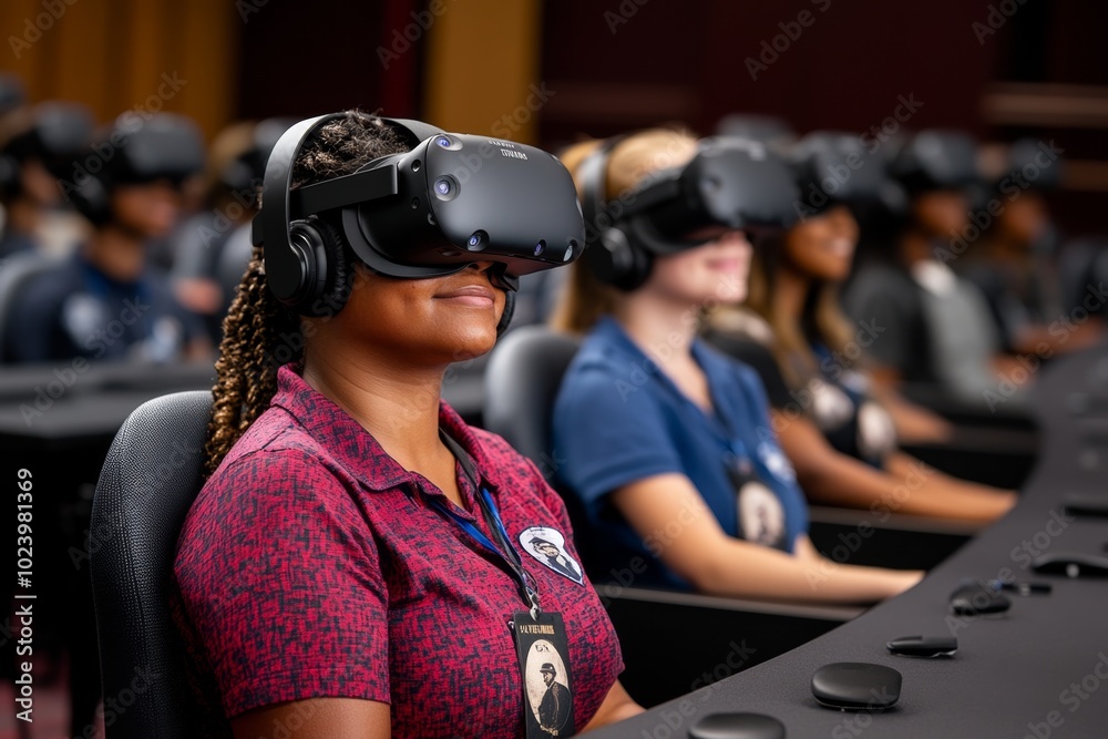 A futuristic classroom where students learn about history through immersive virtual reality ...
