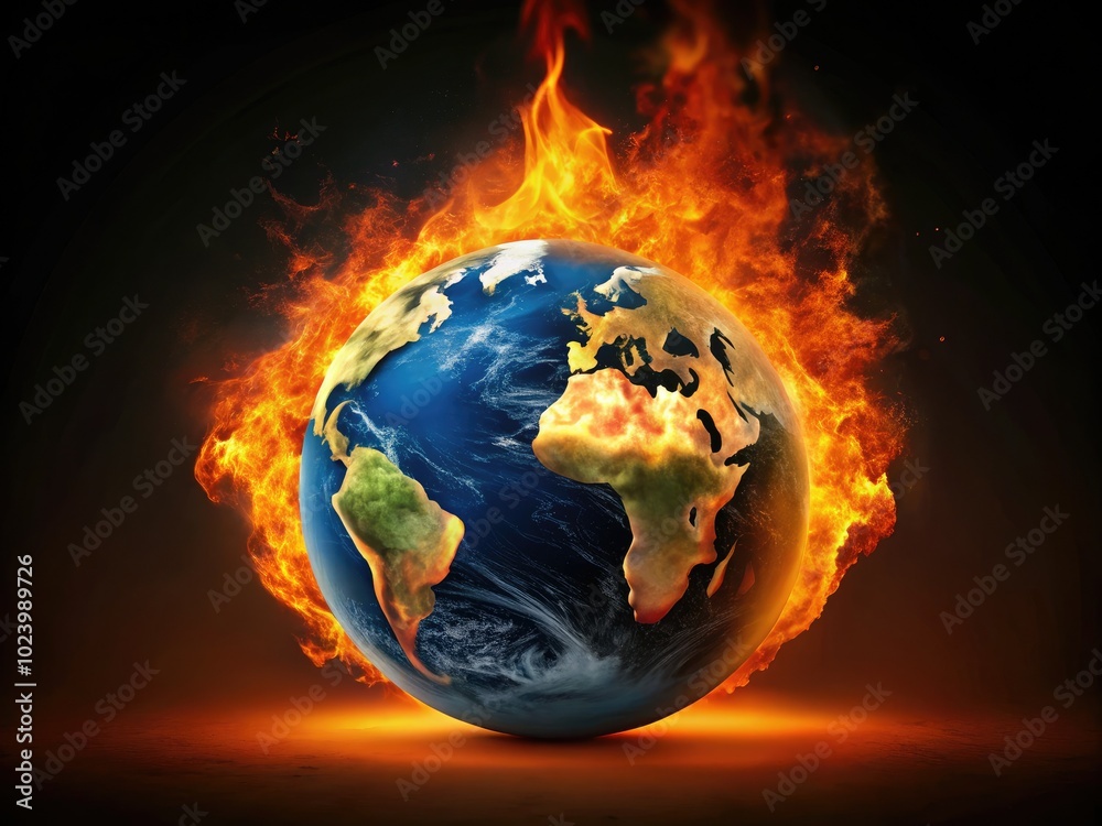 An impactful silhouette depicts a burning Earth on a dark background ...