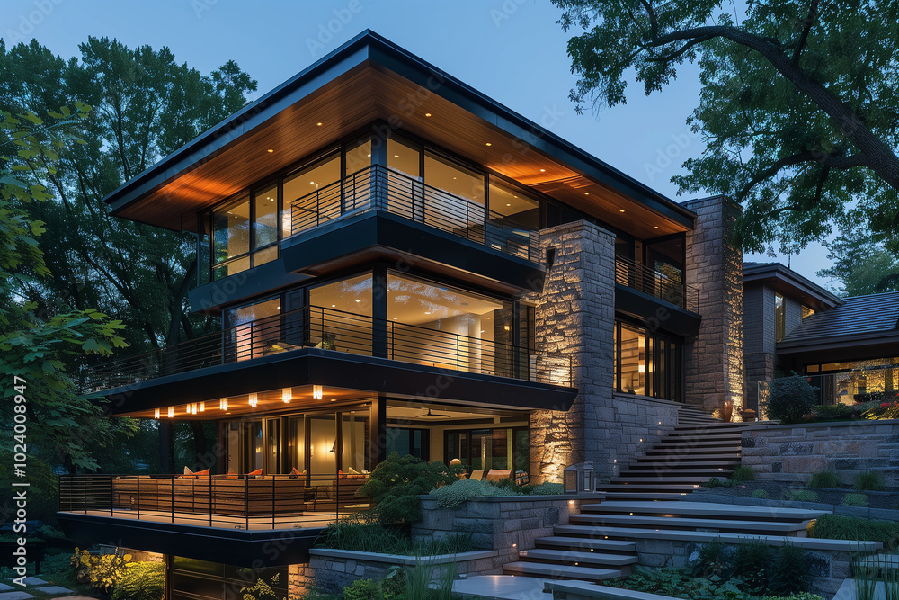 Contemporary two-story home with a floating staircase, cantilevered ...