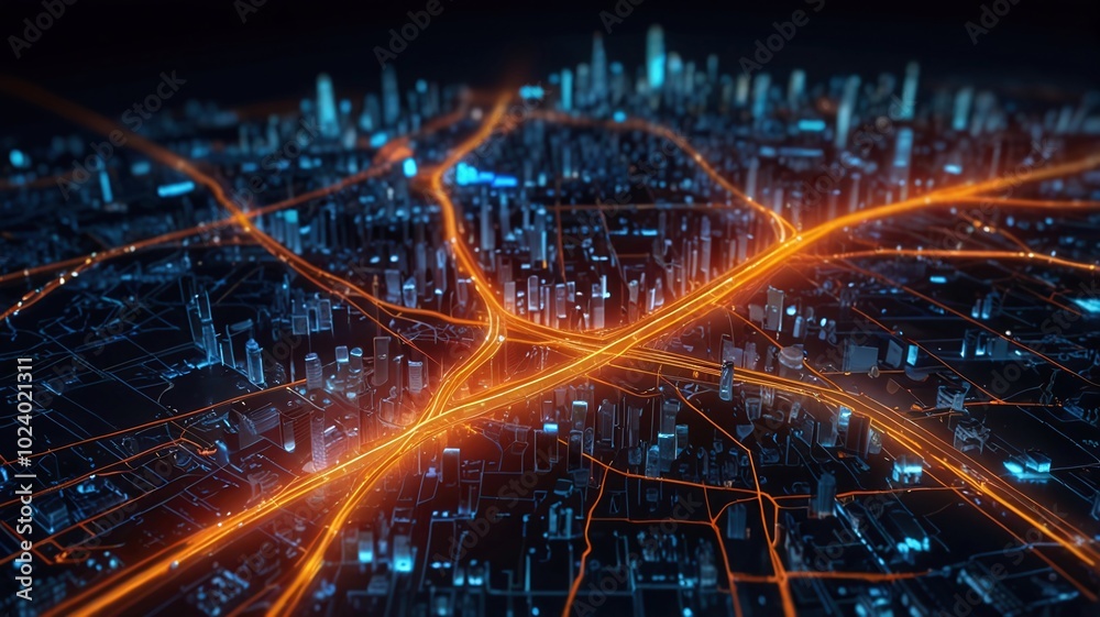 futuristic map interface. The layout is a top-down view of a city map ...