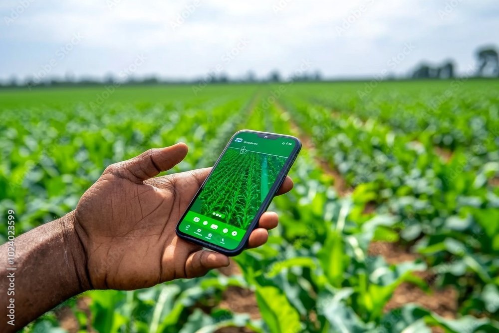 Smartphone held by a farmer, with a simple app interface showing crop ...