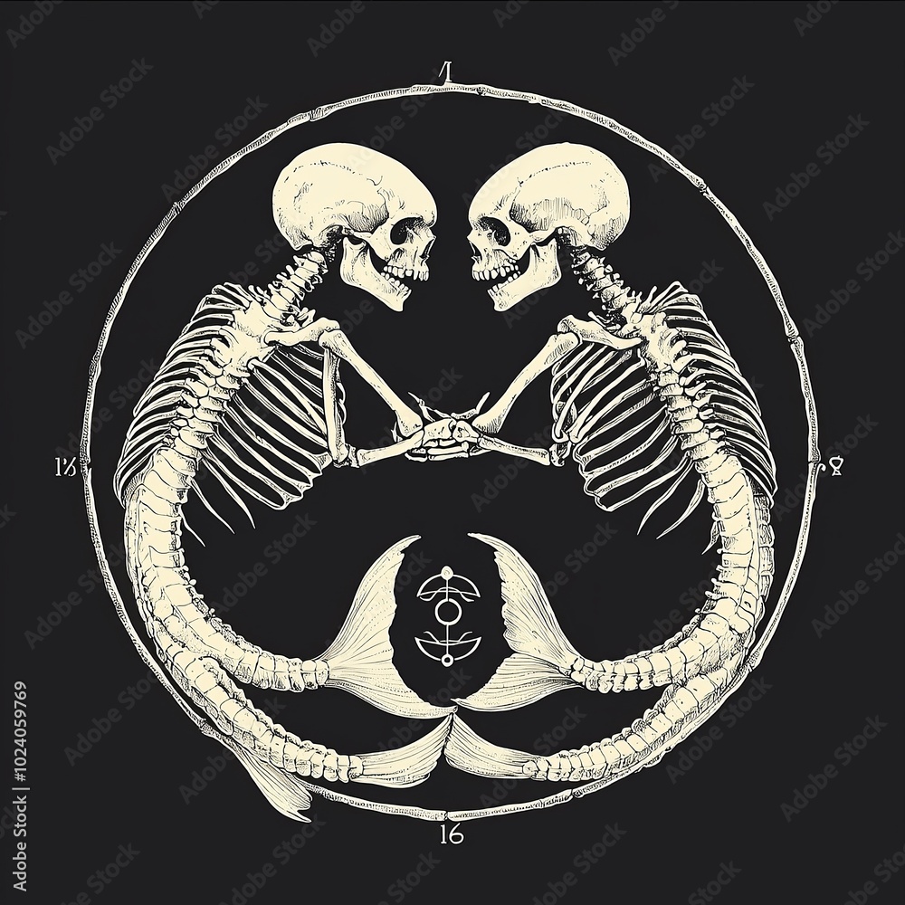Ethereal skeletal mermaids encircling with the Pisces symbol between ...