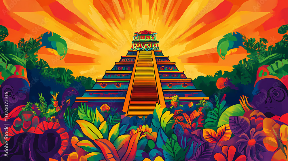 Psychedelic colorful illustration of mountain or pyramid in ancient ...