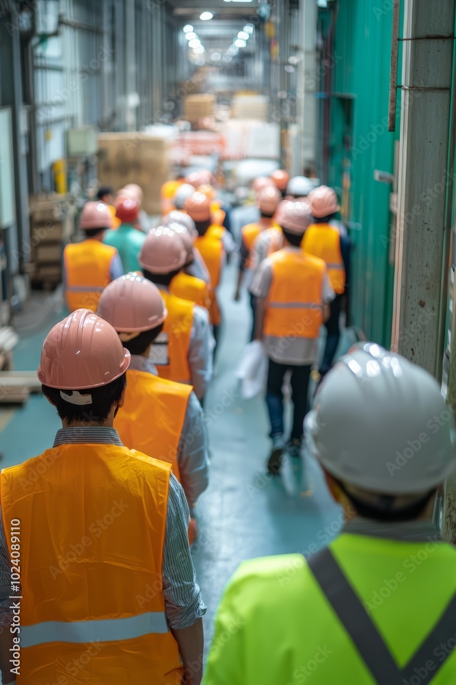 Factory performing a safety evacuation drill, workers following the ...