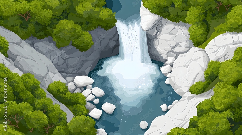 Striking minimalist flat design of a stunning waterfall with a vibrant ...