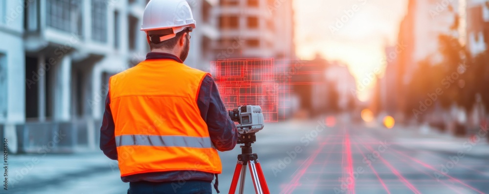 Construction worker using a laser level instrument on urban site ...