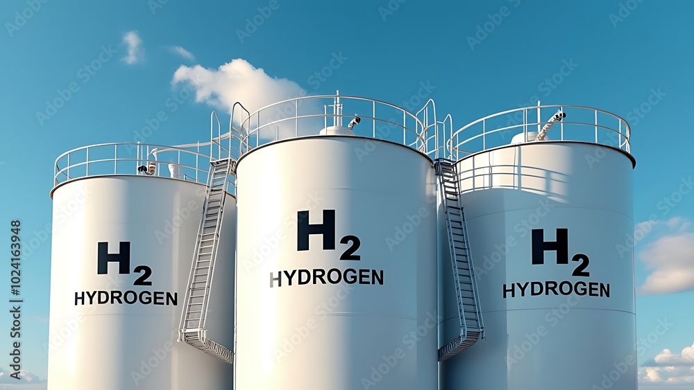 Large storage tanks with H2 and HYDROGEN labels on a blue sky ...
