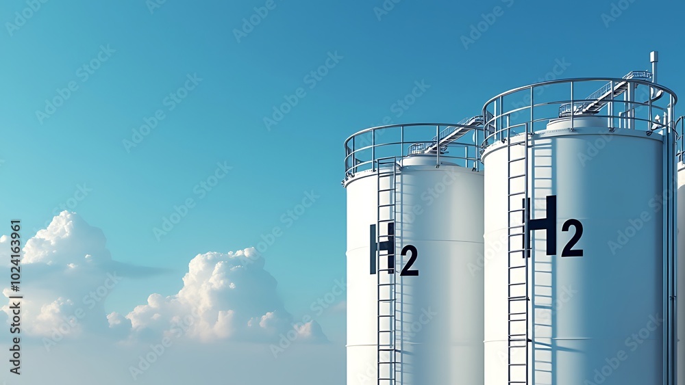 Large storage tanks with H2 and HYDROGEN labels on a blue sky ...